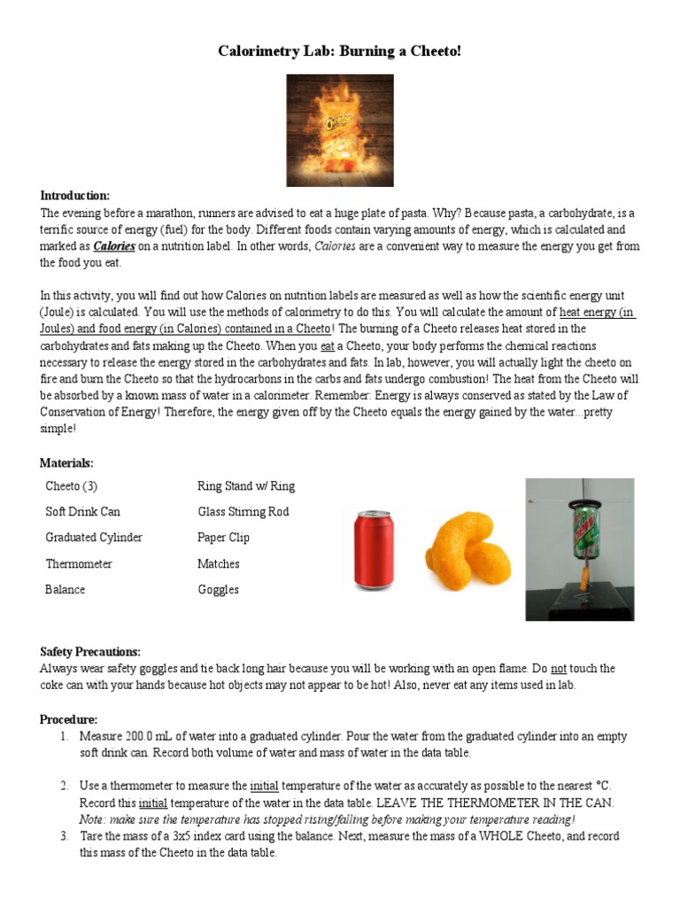 Calorimetry Lab: Measuring Calories from a Burning Cheeto | PDF ...