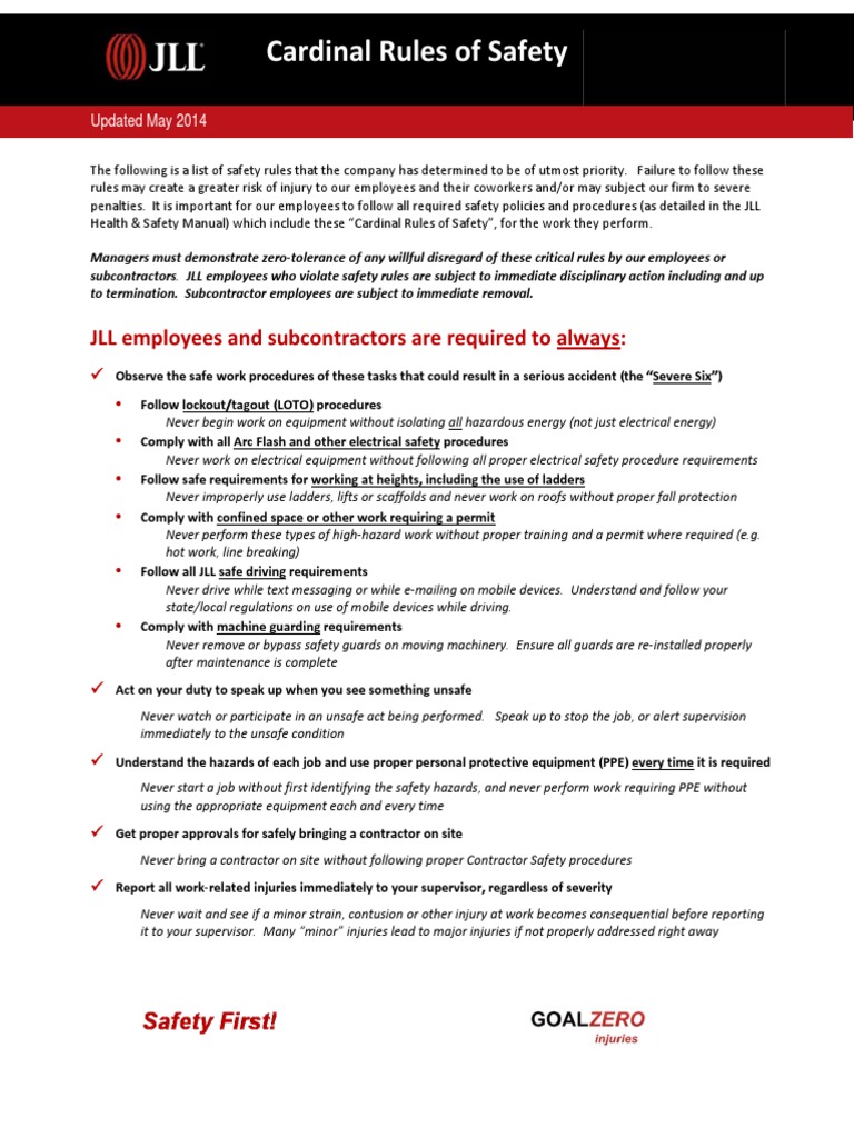 Cardinal Safety Rules for JLL Employees | PDF | Safety | Workplace