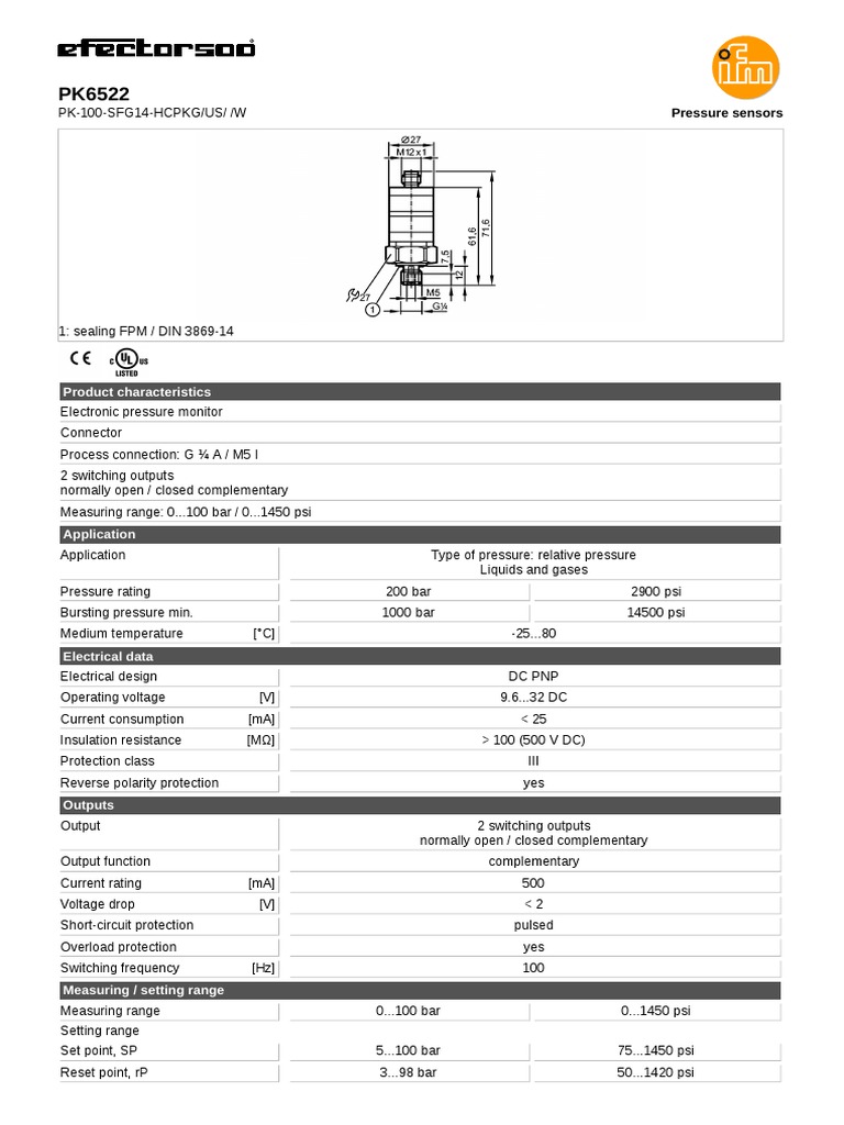 PK6522 Pressure Sensor Spec Sheet | PDF | Switch | Power Supply