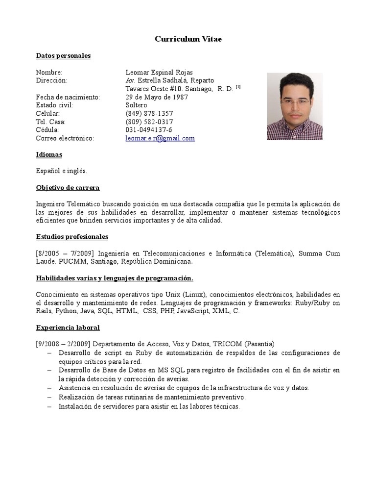 CV - Leomar Espinal Rojas | PDF | Ruby (lenguaje de programación ...