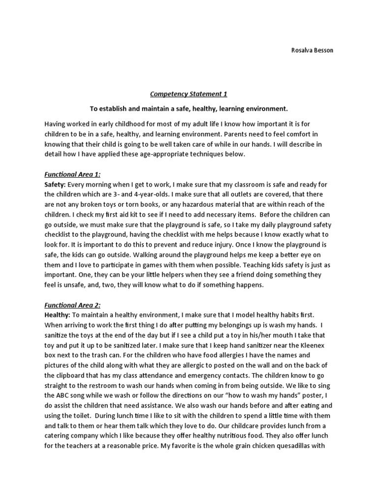 Competency Statement 1: To Establish and Maintain A Safe, Healthy, Learning Environment | PDF ...