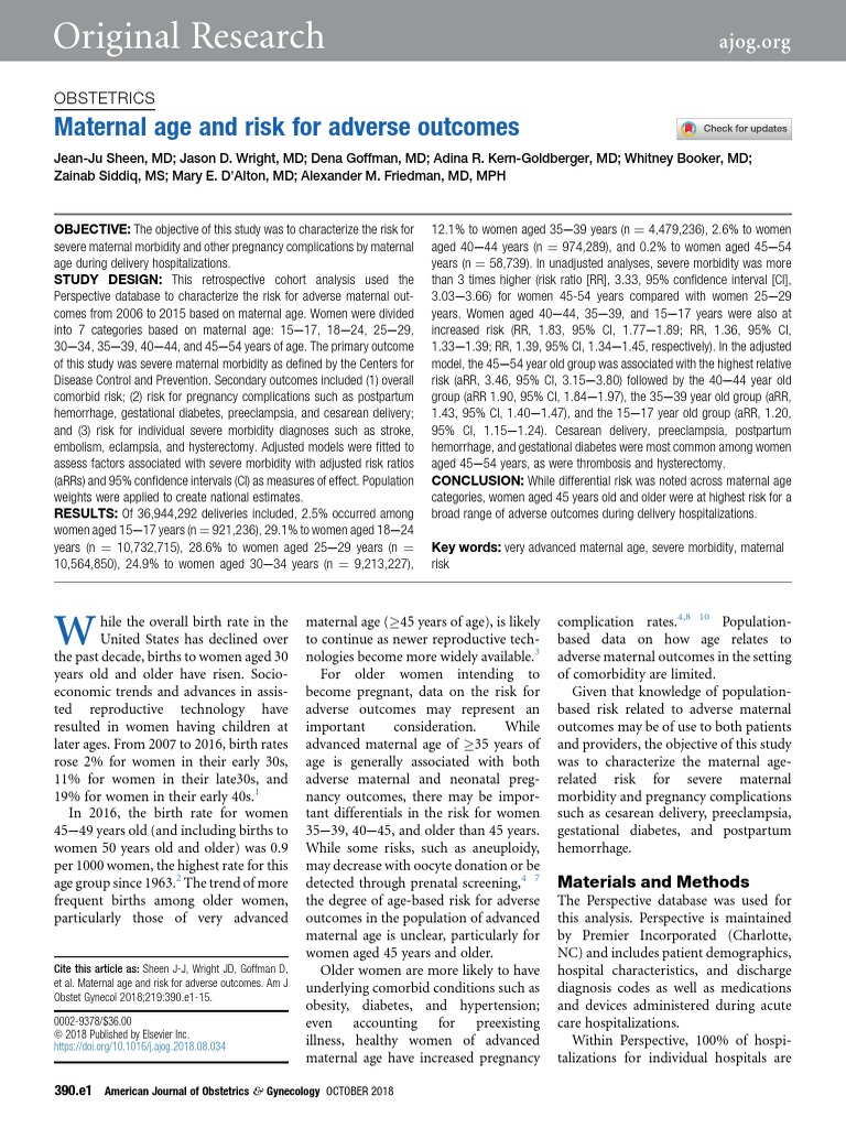 Maternal Age and Risk For Adverse Outcomes | PDF | Maternal Health ...