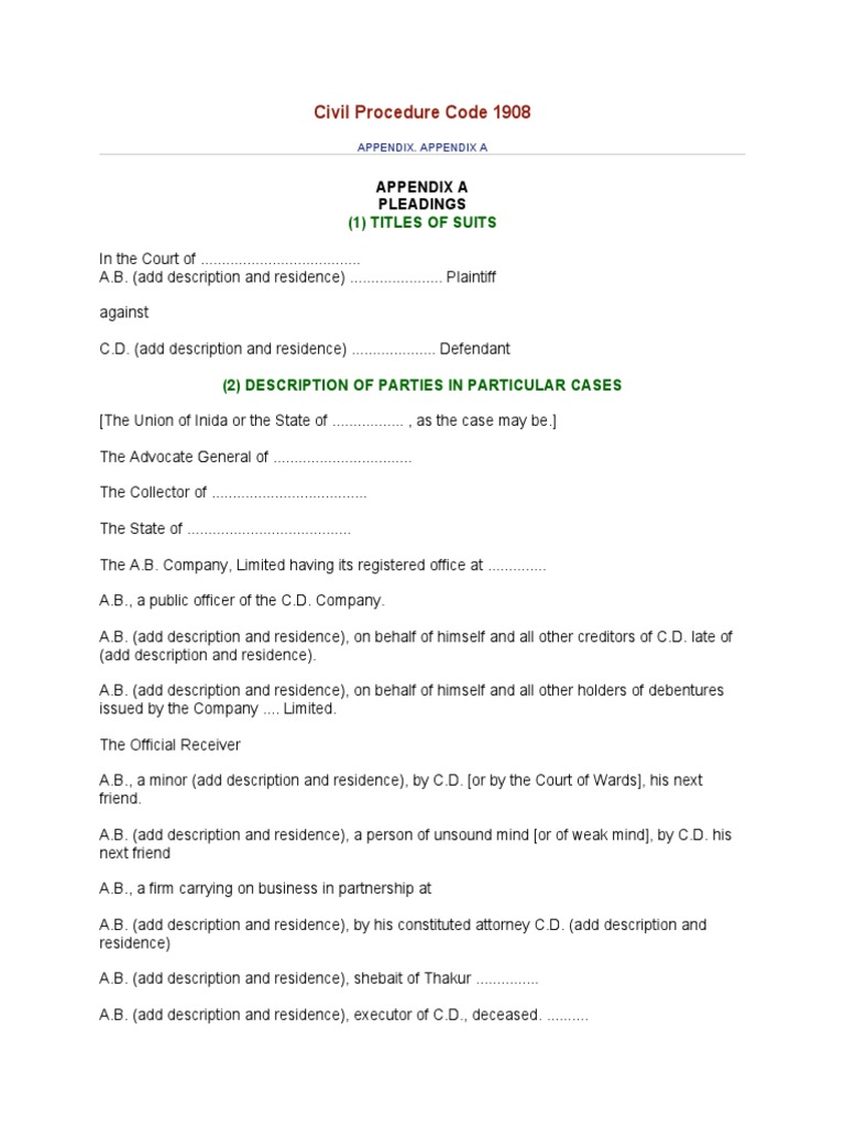 CPC Appendix A: Pleading Formats | PDF | Law
