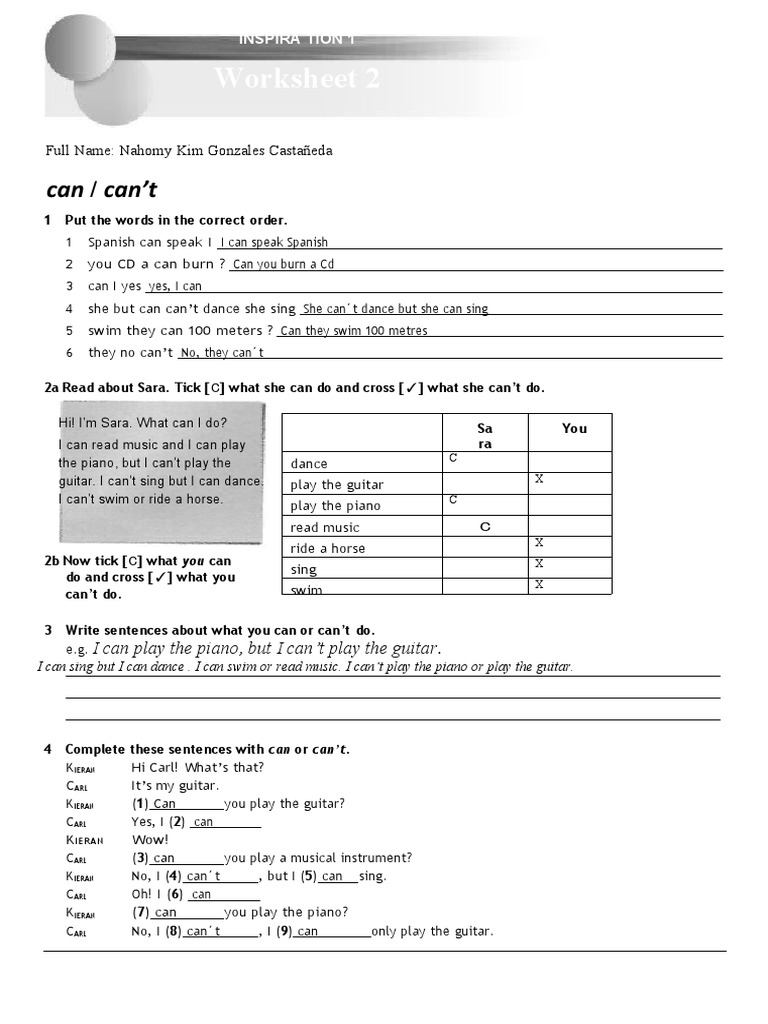 Can and Can't Exercises for Kids | PDF | English Language | Grammar