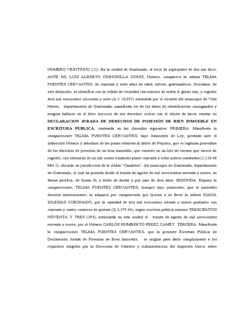 Declaracion Jurada de Derechos de Posesion de Bien Inueble | PDF | Guatemala | Derecho Civil ...