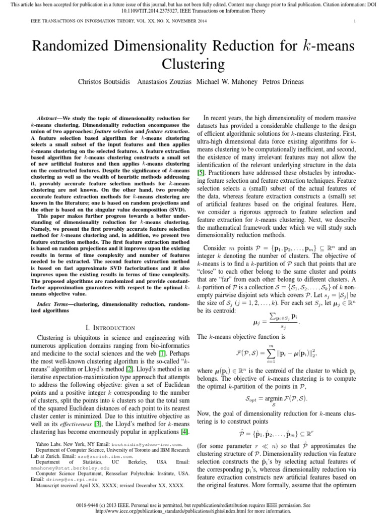 Randomized Dimensionality Reduction For - Means Clustering | PDF ...
