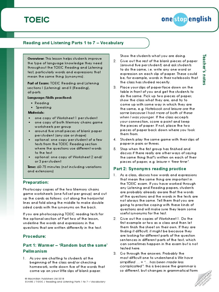 Toeic: Reading and Listening Parts 1 To 7 - Vocabulary | PDF | Test ...