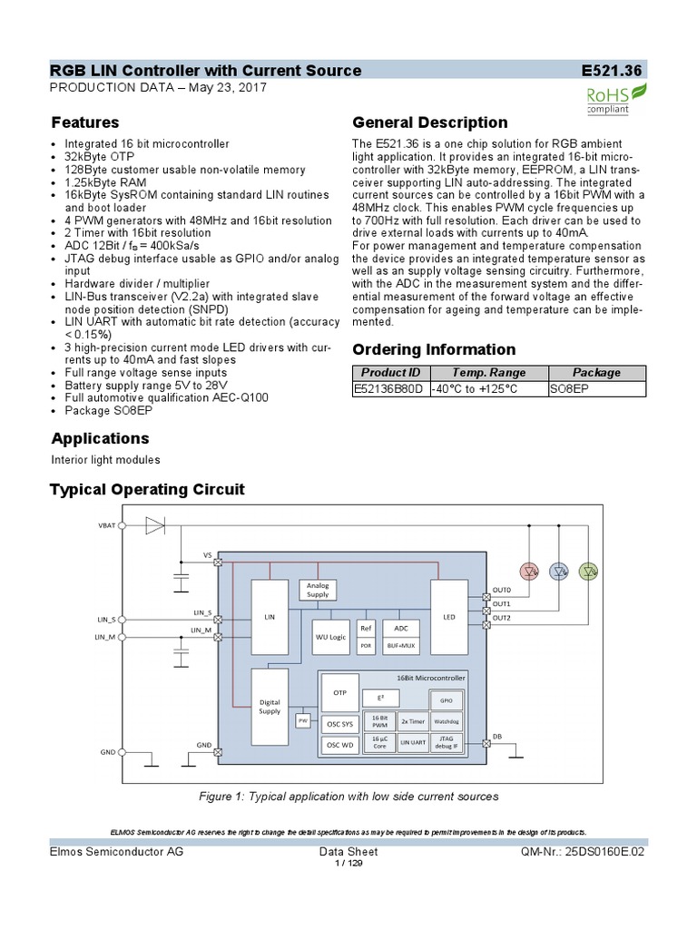 Elmos RGB Lin Controller With Current Source E52136 Ds | PDF | Analog ...