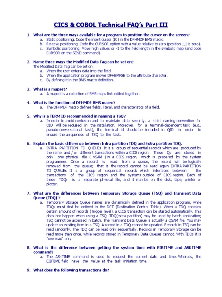CICS & COBOL FAQ for IT Professionals | PDF | Software Engineering ...