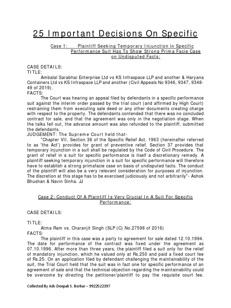 Analysis of Key Considerations in Suits for Specific Performance Based ...