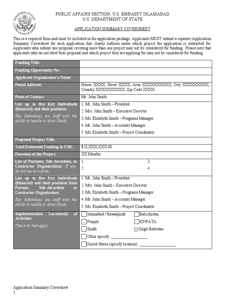 Attachment 1 - Application Summary Coversheet - Template | PDF | Business