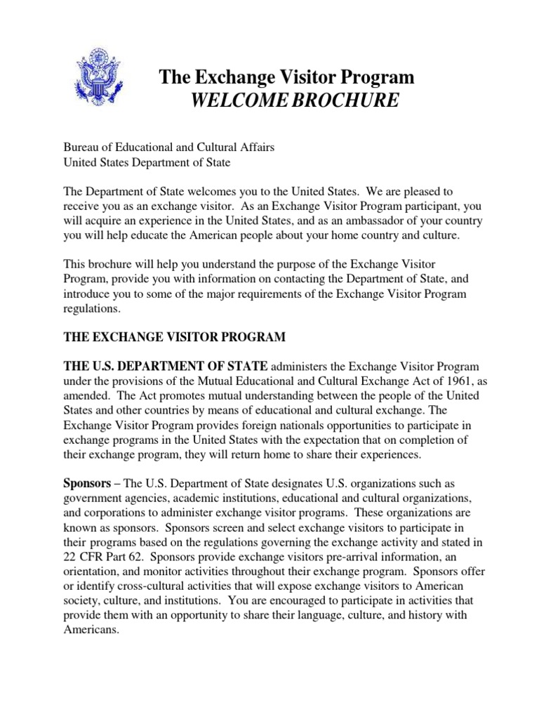 The Exchange Visitor Program: Welcome Brochure | PDF | Federal ...