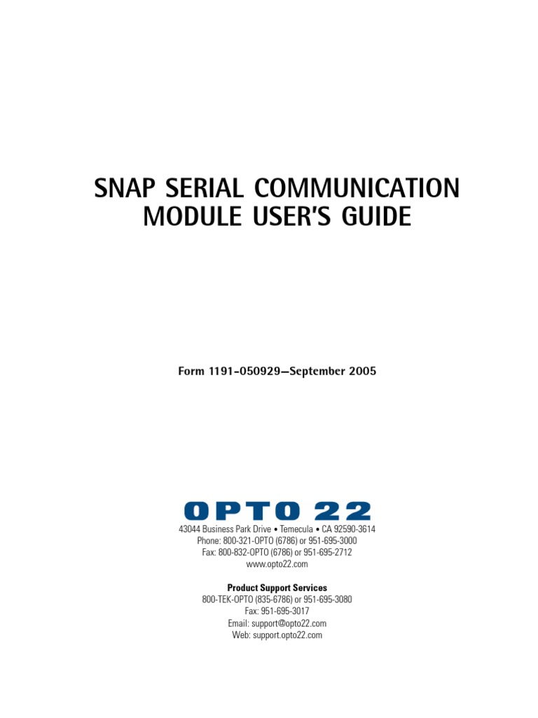Snap Serial Communication Module User'S Guide: Form 1191-050929 ...