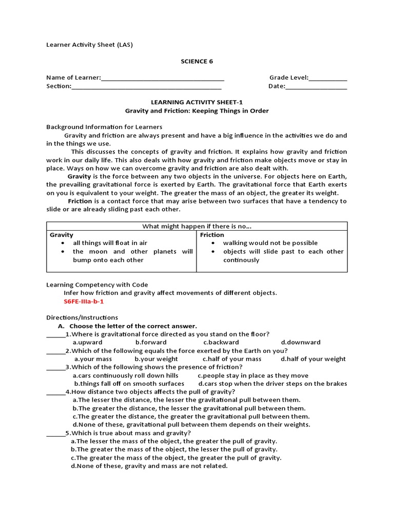 Science 6: S6Fe-Iiia-B-1 | PDF | Gravity | Weight