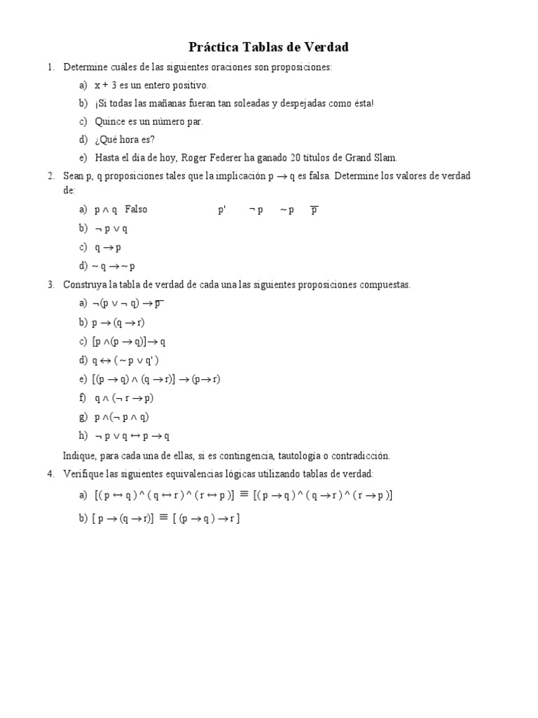 Práctica Tablas de Verdad | PDF