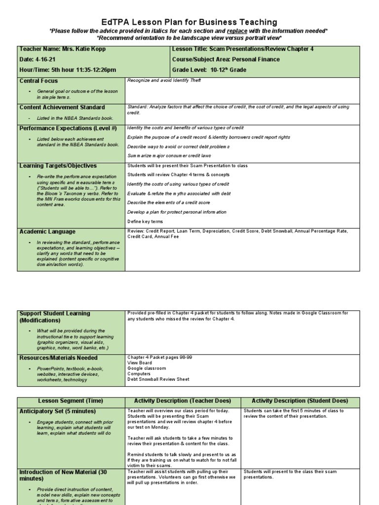 Edtpa Lesson Plan For Business Teaching | PDF | Credit History | Credit
