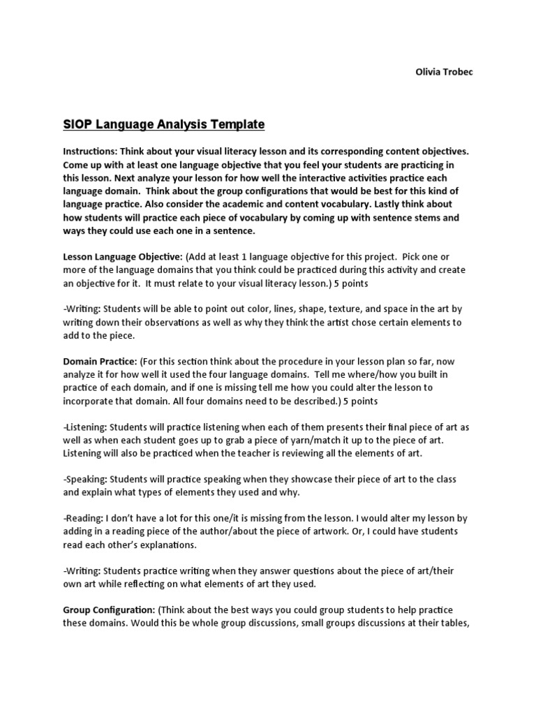 Olivia Trobec-Siop Language Analysis | PDF | Vocabulary | Lesson Plan