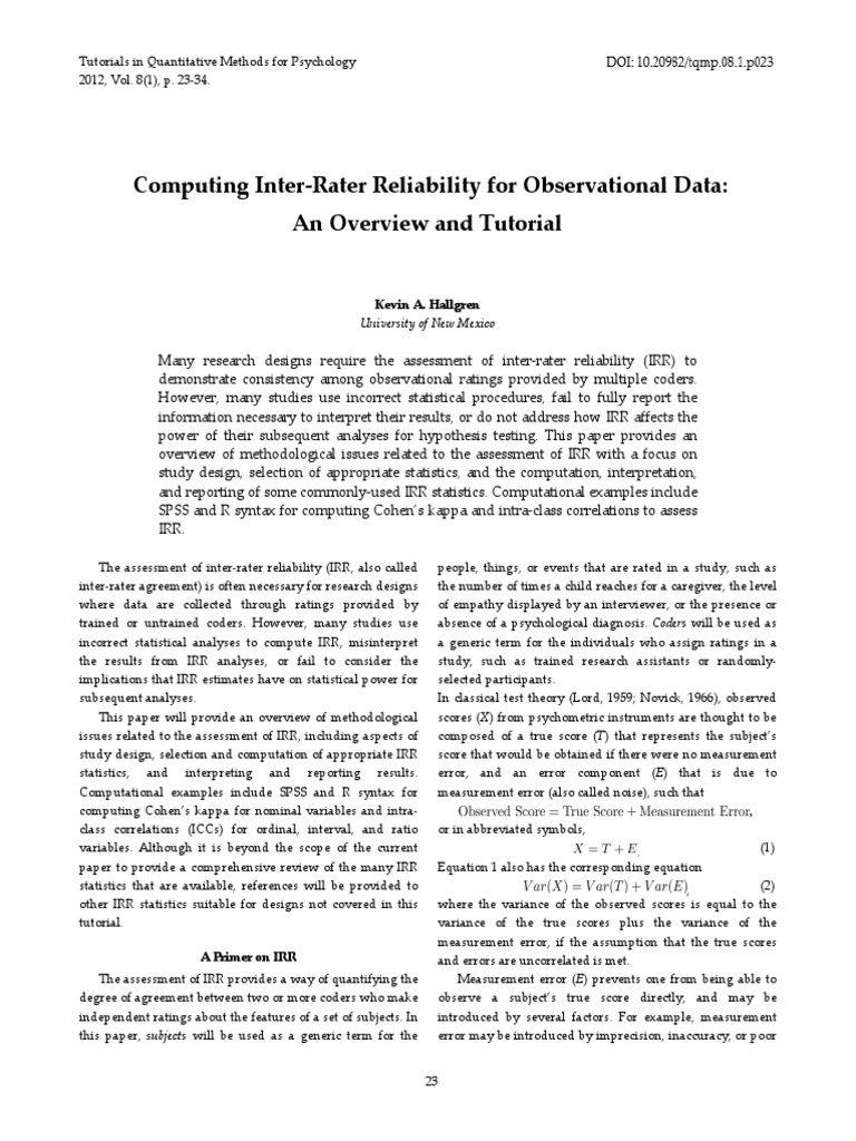 Computing Inter-Rater Reliability For Observational Data - An Overview and Tutorial | PDF ...