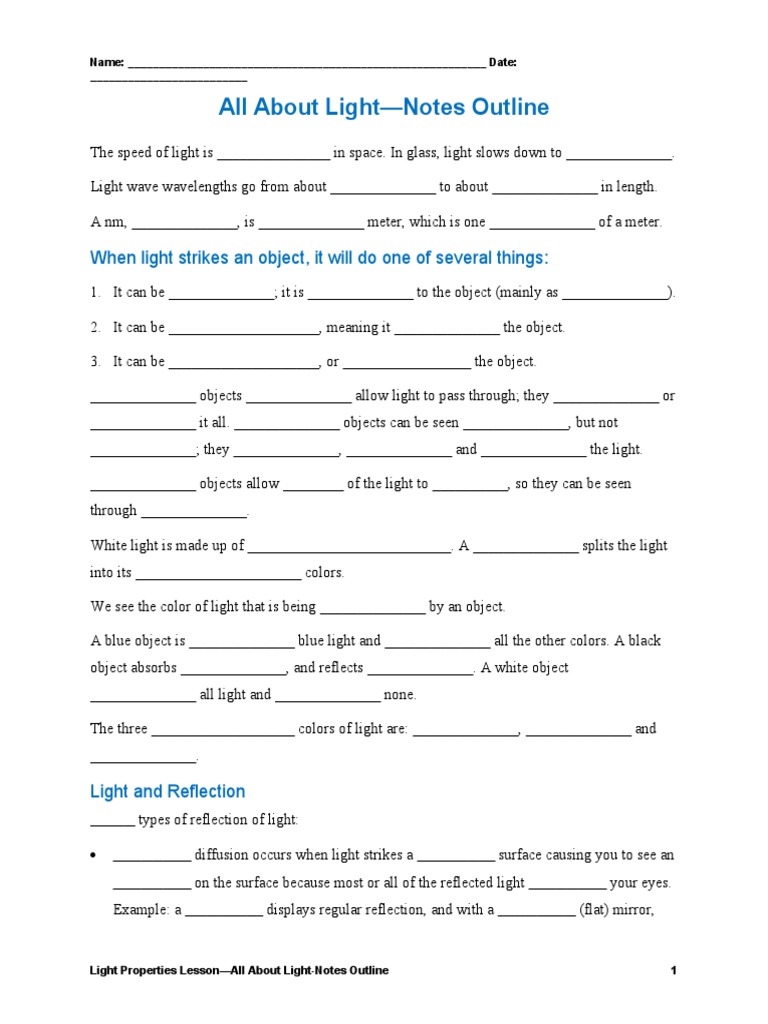 All About Light-Notes Outline: When Light Strikes An Object, It Will Do ...