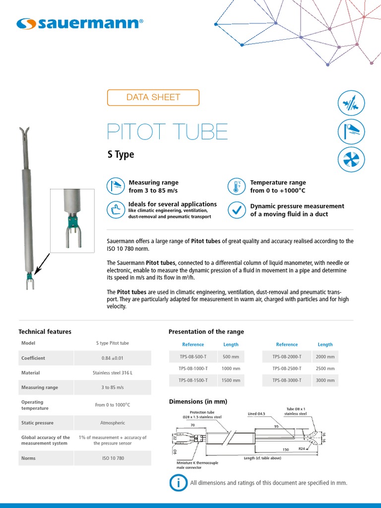 S-Type Pitot Tube Data Sheet | PDF | Pressure Measurement | Thermocouple