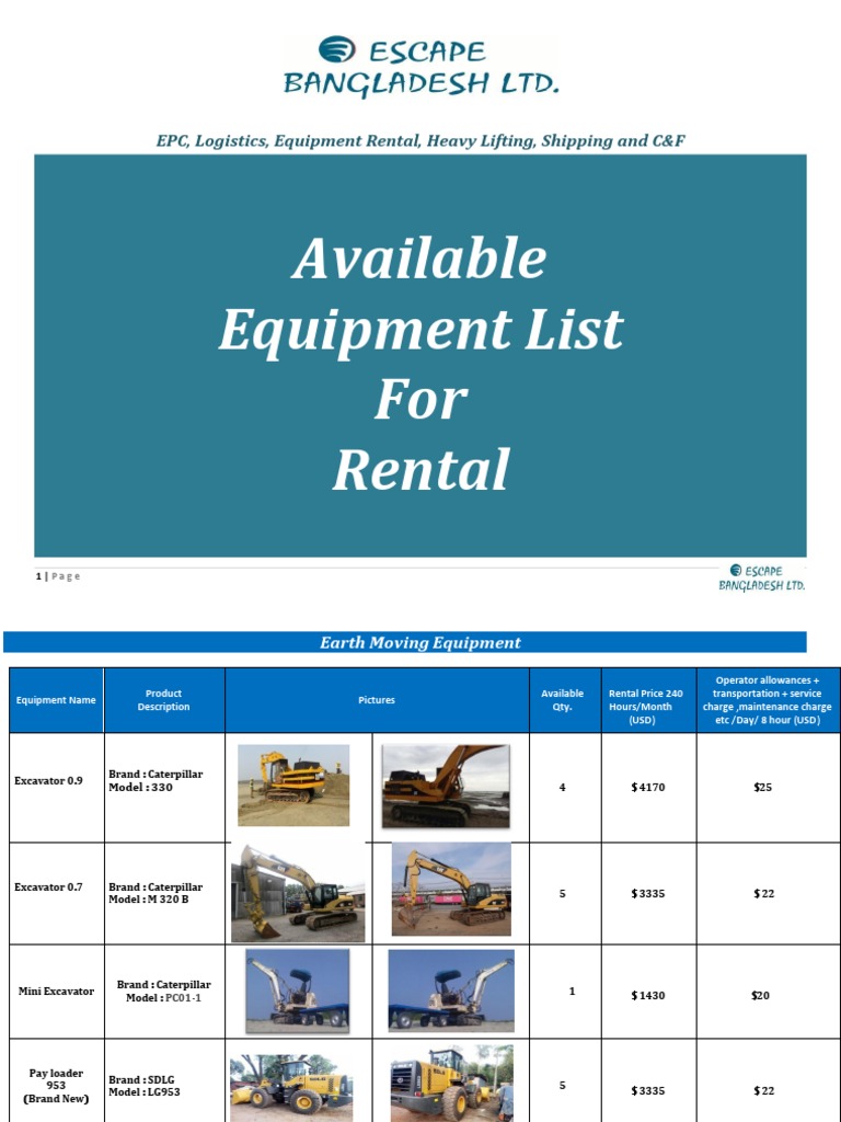 Available Equipment List For Rental: EPC, Logistics, Equipment Rental ...