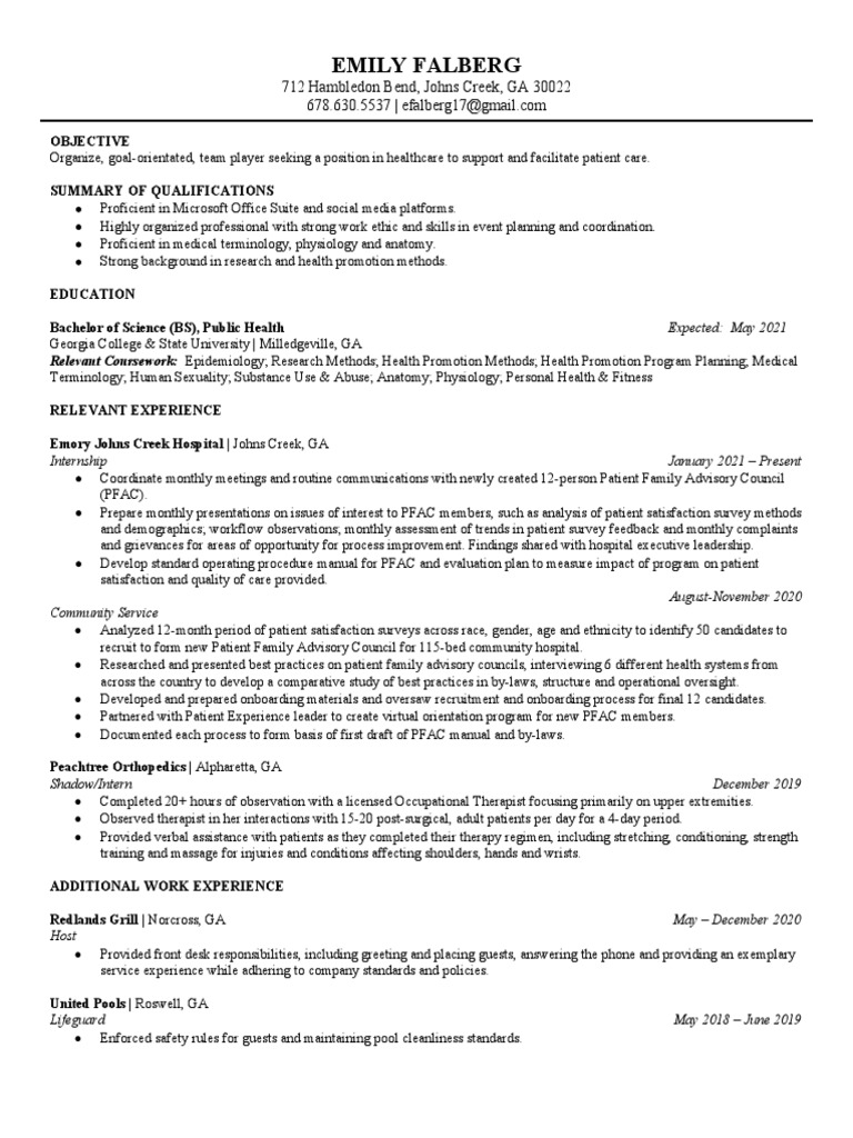 Emily Falberg: Healthcare Intern Profile | PDF | Patient | Health Care
