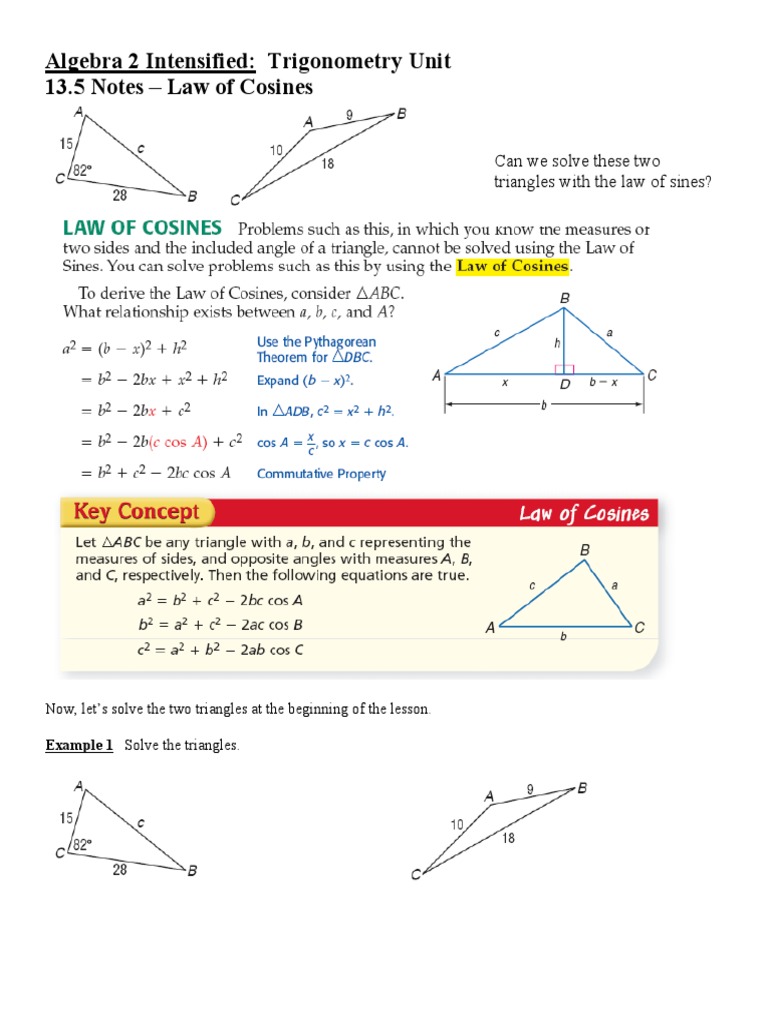 Trigonometry Unit: Law of Cosines Notes | PDF