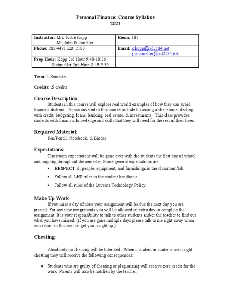 Personal Finance Course Syllabus 2021 | PDF | Career & Growth