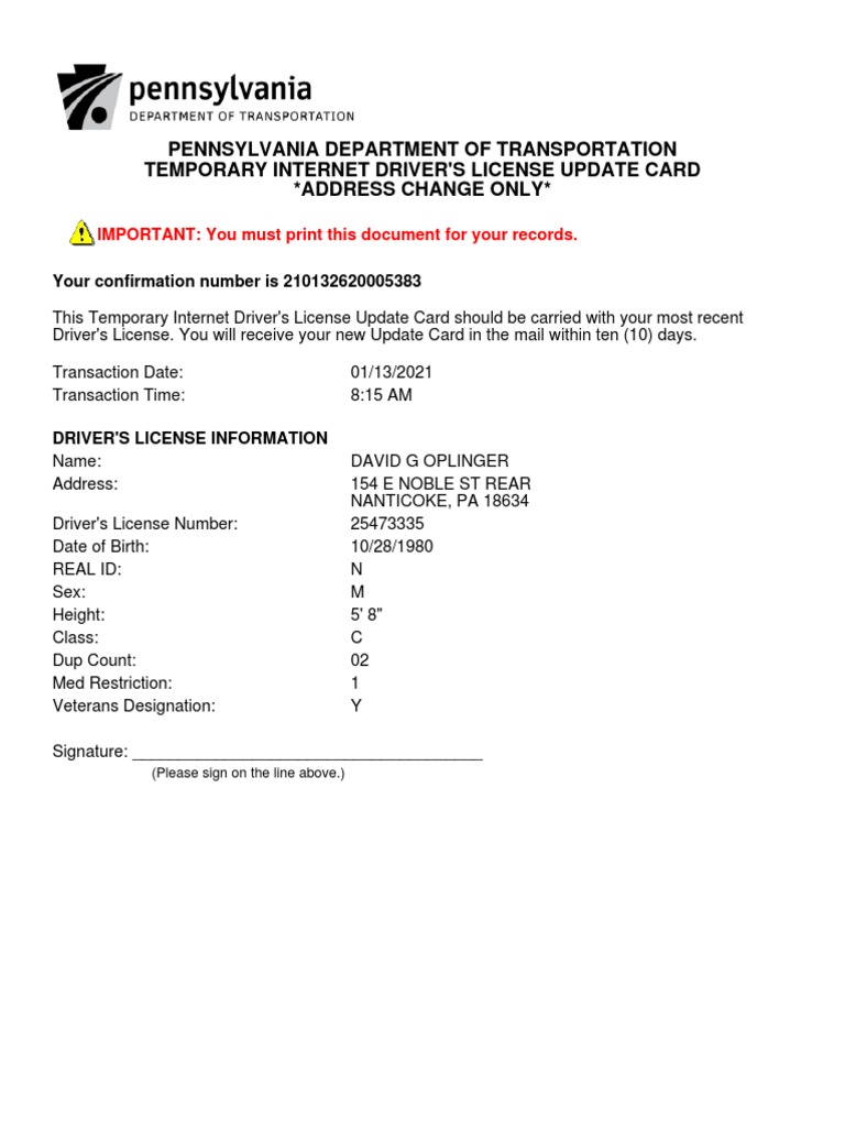 Pennsylvania Department of Transportation Temporary Internet Driver'S ...