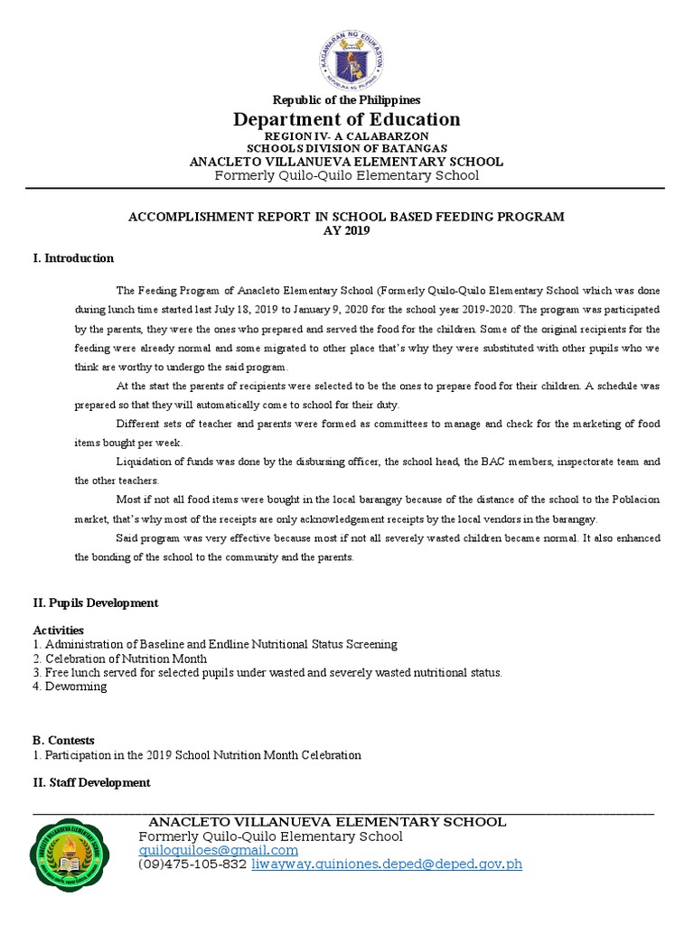 Aves - Accomplishment Report in School Based Feeding Program | PDF ...