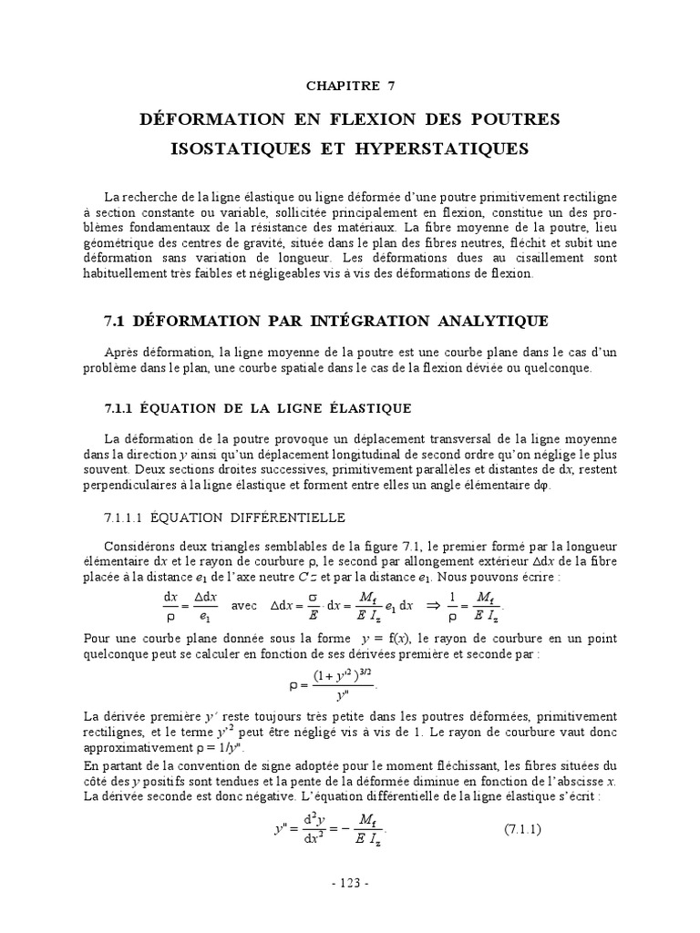 Chapitre 7 DÉFORMATION EN FLEXION DES POUTRES | PDF | Flexion (matériau) | Élasticité (Physique)