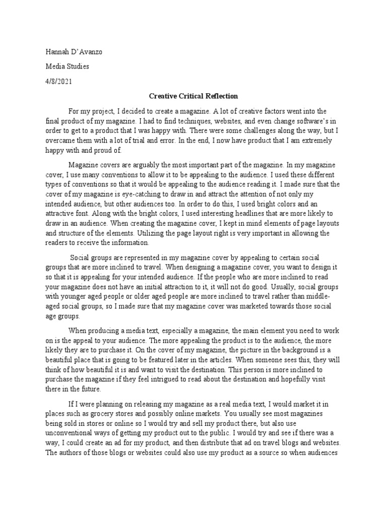 Creative Critical Reflection - Media Studies | PDF | Magazines | Page Layout