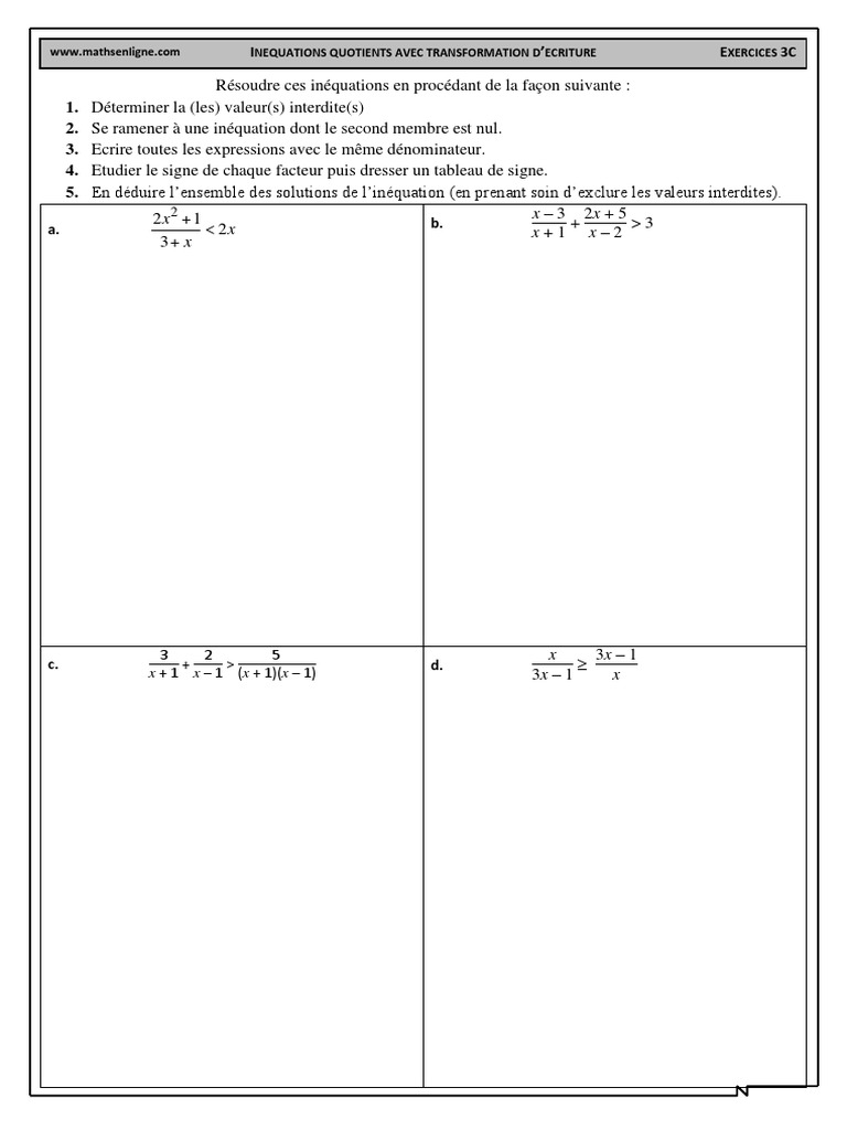 Chap 03 - Ex 3C - Résolutions D'inéquations Quotients - CORRIGE | PDF | Enseignement des ...