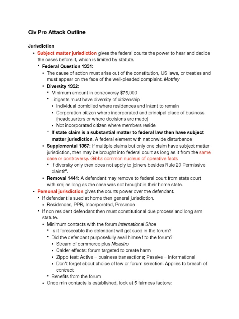 Civ Pro Attack Outline | PDF | Diversity Jurisdiction | Jurisdiction