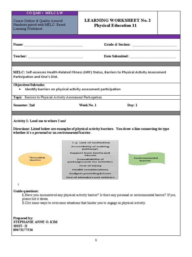 Overcoming Barriers to Physical Activity: A Learning Worksheet on ...