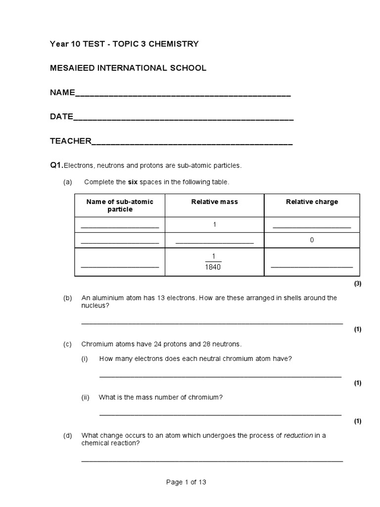 Topic 3 Test Chemistry Year 10 | PDF | Ion | Chemical Bond