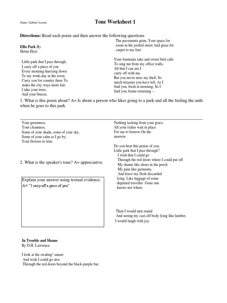 Tone Worksheet 1: Directions: Read Each Poem and Then Answer The ...