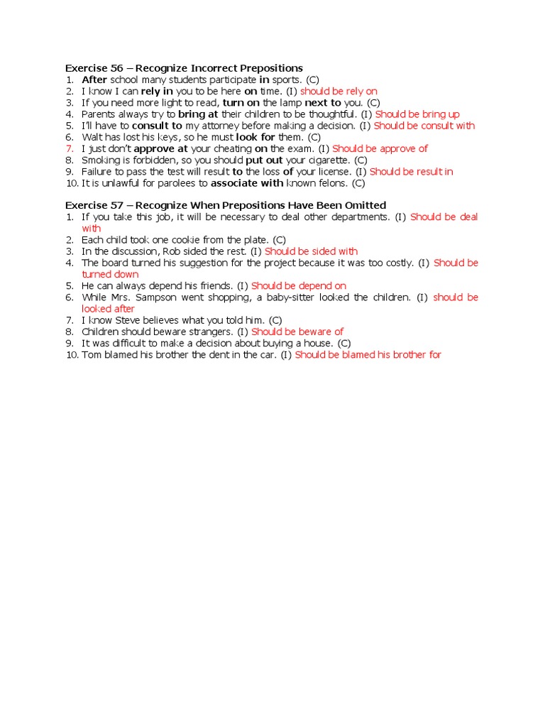 Preposition Errors in Exercises 56-57 | PDF