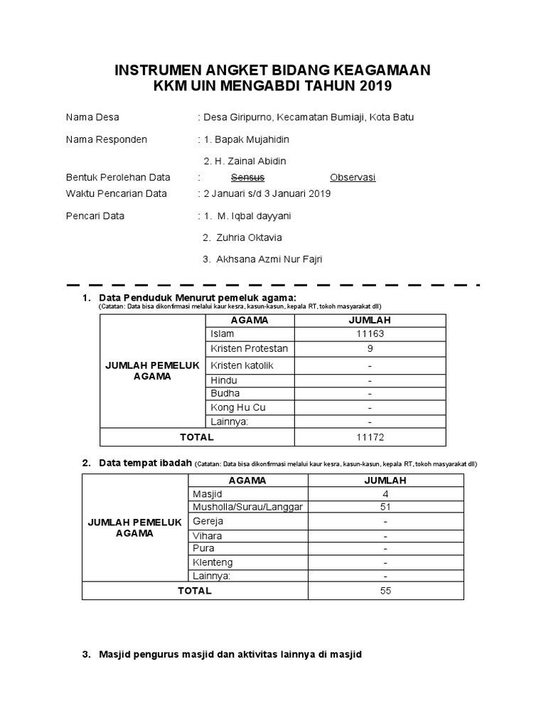 Instrumen Angket Bidang Keagamaan | PDF