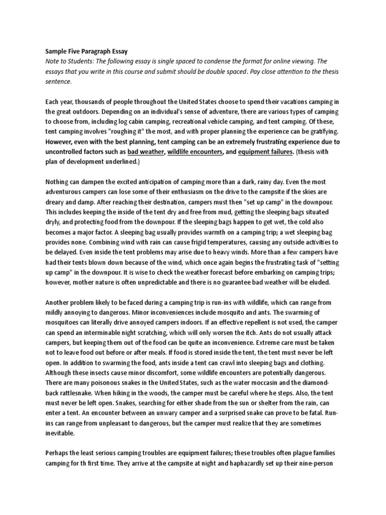 Sample Five Paragraph Essay | PDF | Camping | Tent