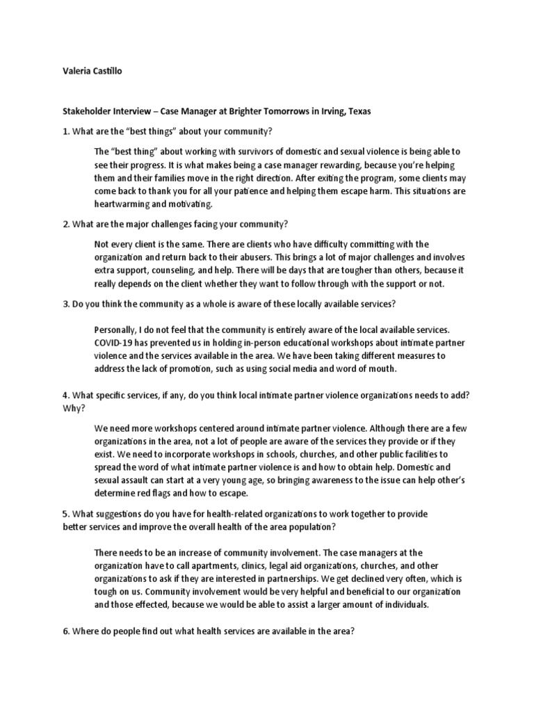 Stakeholder Interview Questions 2 | PDF | Health Care | Violence