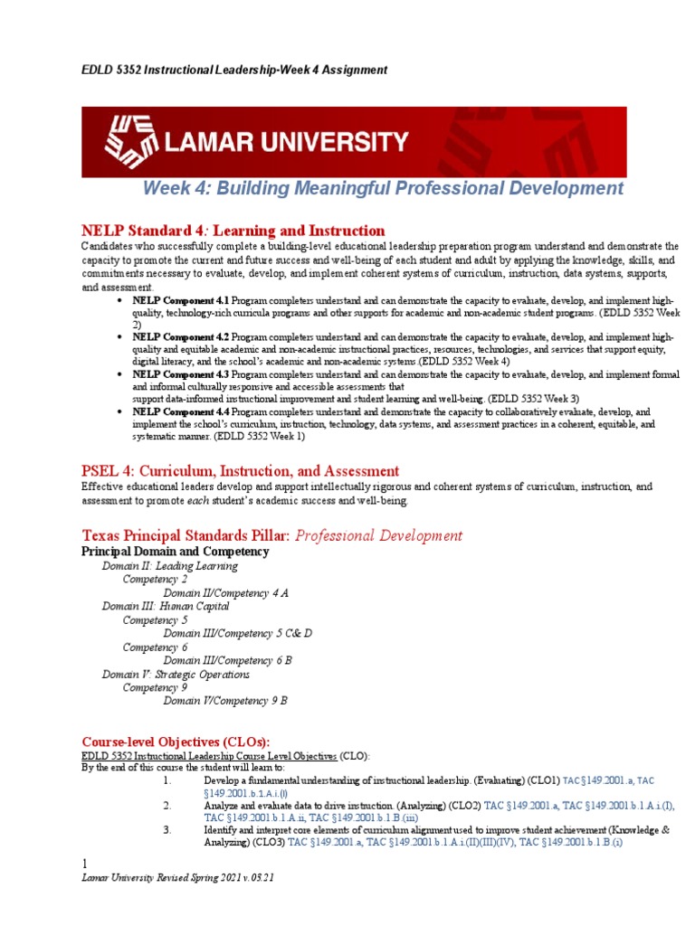 EDLD 5352 Week 4 Professional Development Signature Assessment Assignment Template v.03.21 | PDF ...