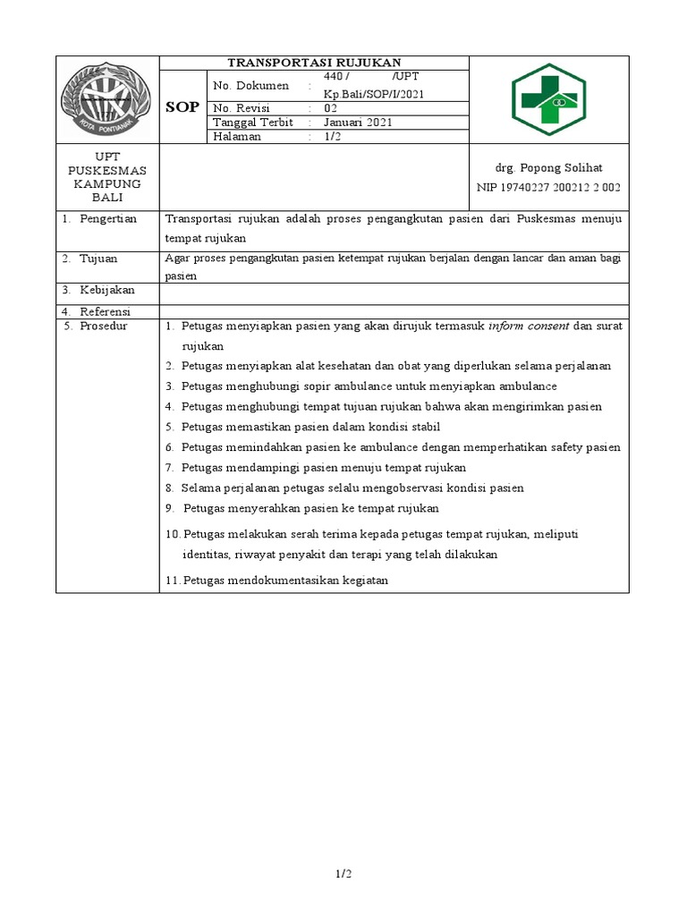 SOP Transportasi Rujukan Pasien | PDF