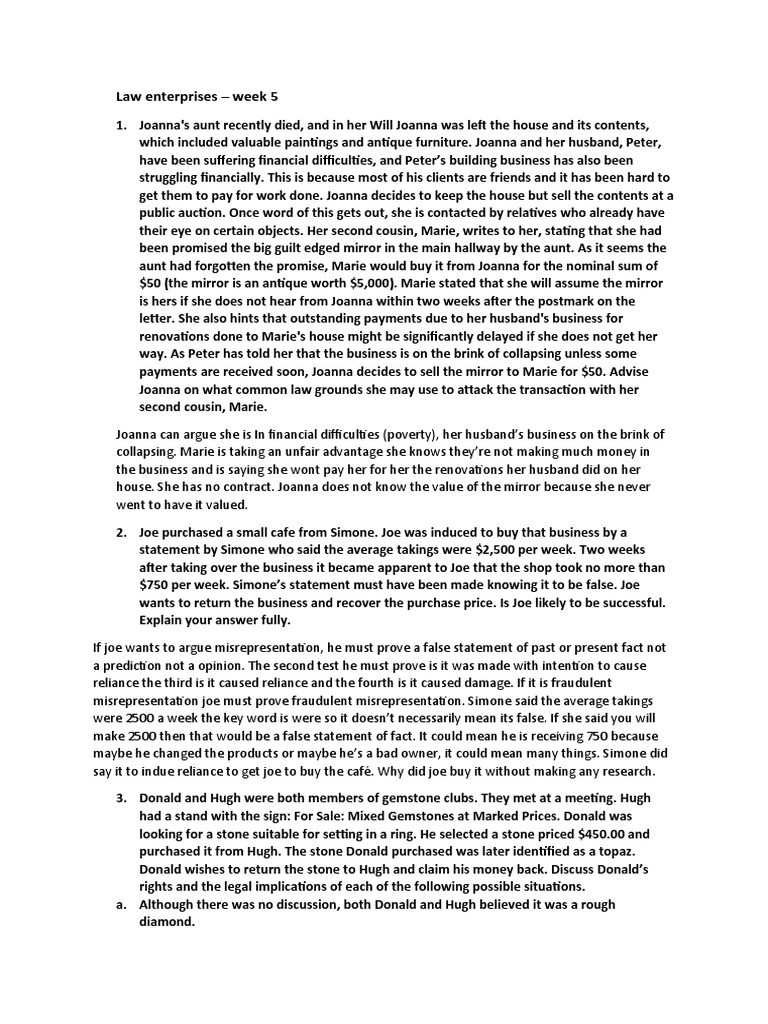 Law Enterprises Week 5 Tutorial Questions | PDF | Misrepresentation | Common Law