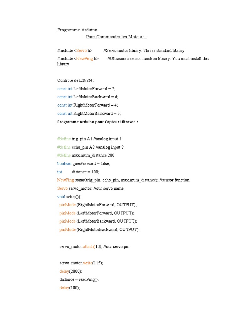 Programme Arduino - Pour Commander Les Moteurs:: Servo. Newping | PDF ...