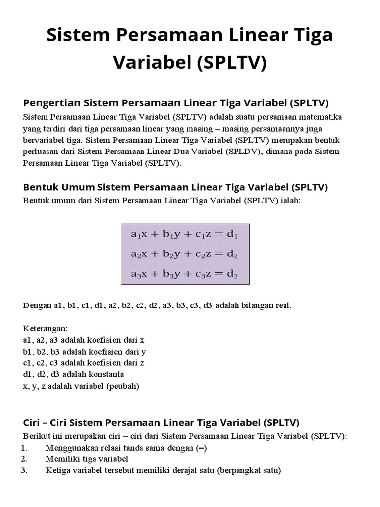 Pengantar Sistem Persamaan Linear 3 Variabel | PDF | Sains & Matematika