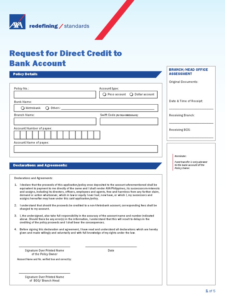 Direct Credit Request Form for AXA Policy | PDF | Payments | Banks