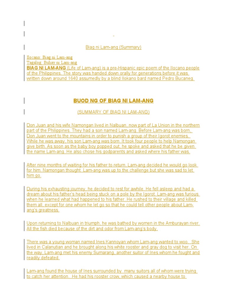 BIAG NI LAM-ANG (Life of Lam-Ang) Is A Pre-Hispanic Epic Poem of The ...