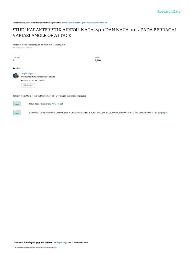 Studi Karakteristik Airfoil Naca 2410 Dan Naca 0012 Pada Berbagai ...