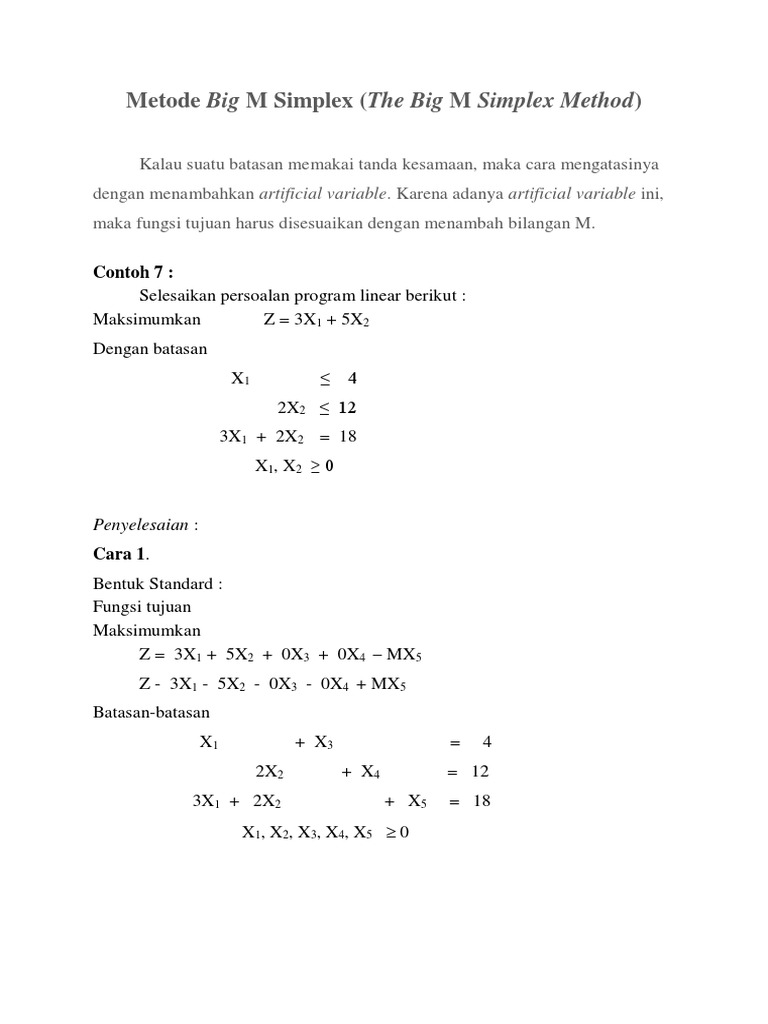 Metode Big M Simplex (The Big M Simplex Method) : Contoh 7 | PDF ...